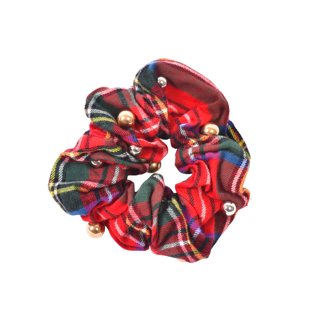 Tartan & Cheer Metallic Pearl Studded Scrunchie - Cinnamon Spice